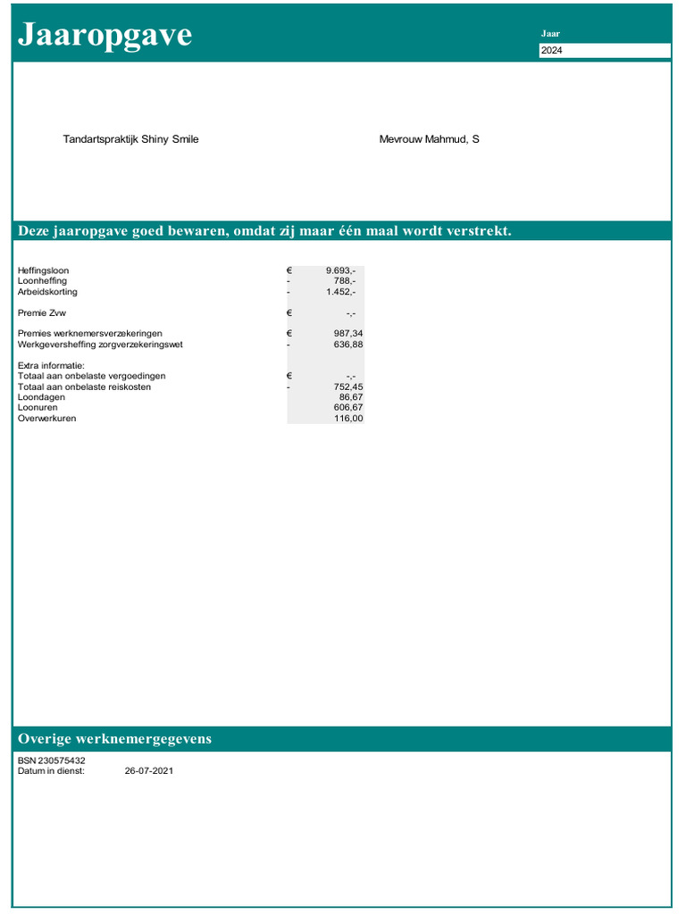 Jaaropgave T.B.V. Werknemer 2024 - (S.mahmud) | PDF
