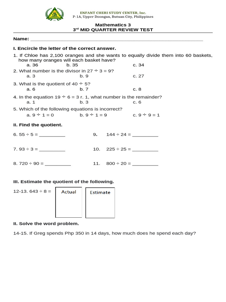 Review Test in Math 3 (3rd Mid) | PDF