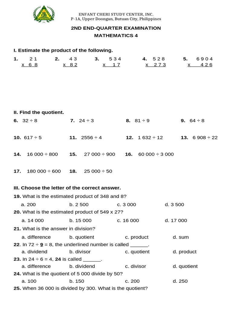 Grade 4 Mathematics Exam Questions | PDF | Division (Mathematics ...