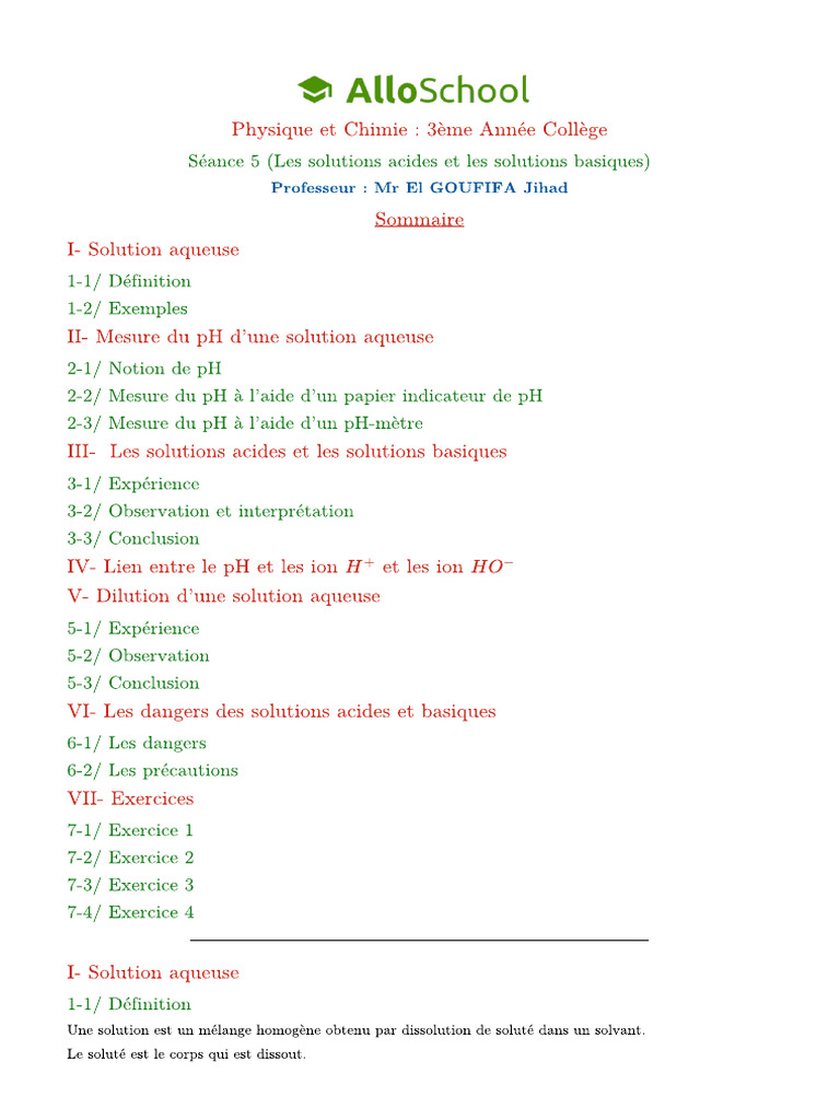 Seance 5 Les Solutions Acides Et Les Solutions Basiques 1 | PDF