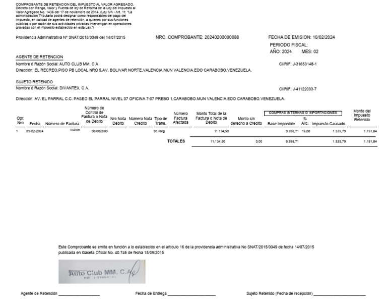 Compb Retencion Iva Divantex Fact 2598 | PDF | Impuestos | Factura