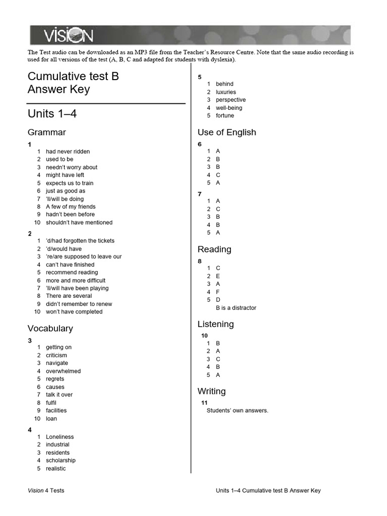 Vision L4 Cumulative Test B Units 1 4 AK | PDF