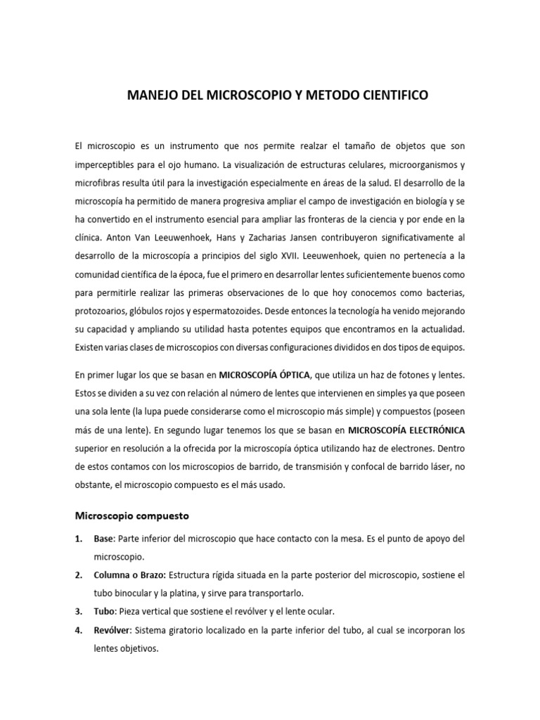 Manejo Del Microscopio y Metodo Cientifico | PDF | Microscopio | Óptica