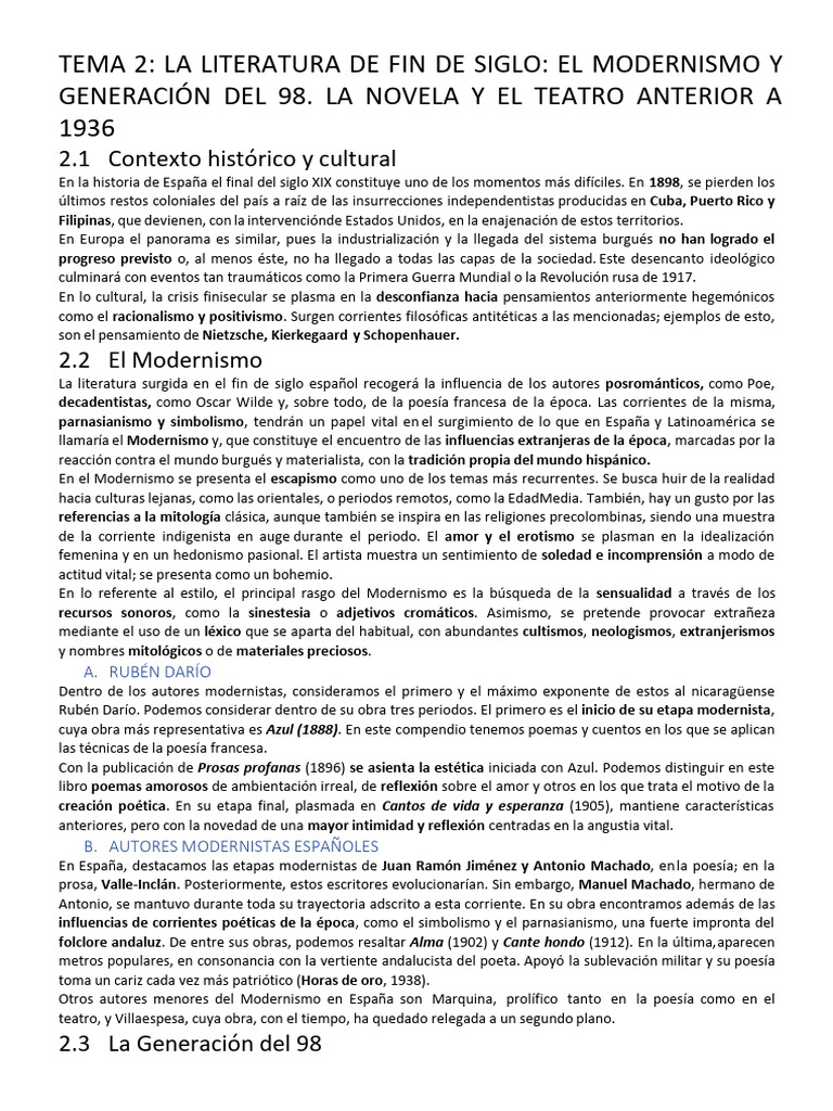 Tema 2 - La Literatura de Fin de Siglo - El Modernismo y Generación Del 98. La Novela y El ...