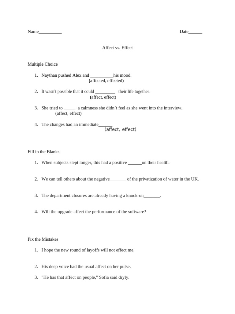 Affect Vs Effect Worksheet Pdf 5490