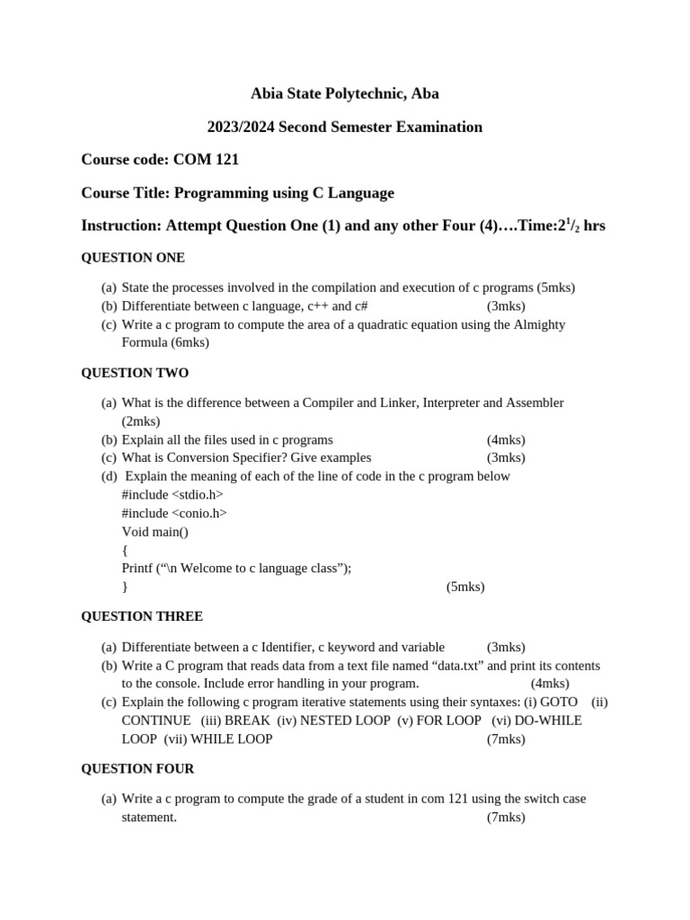 Marking Scheme Com121 2023and24 - 011353 | PDF | Control Flow | C (Programming Language)