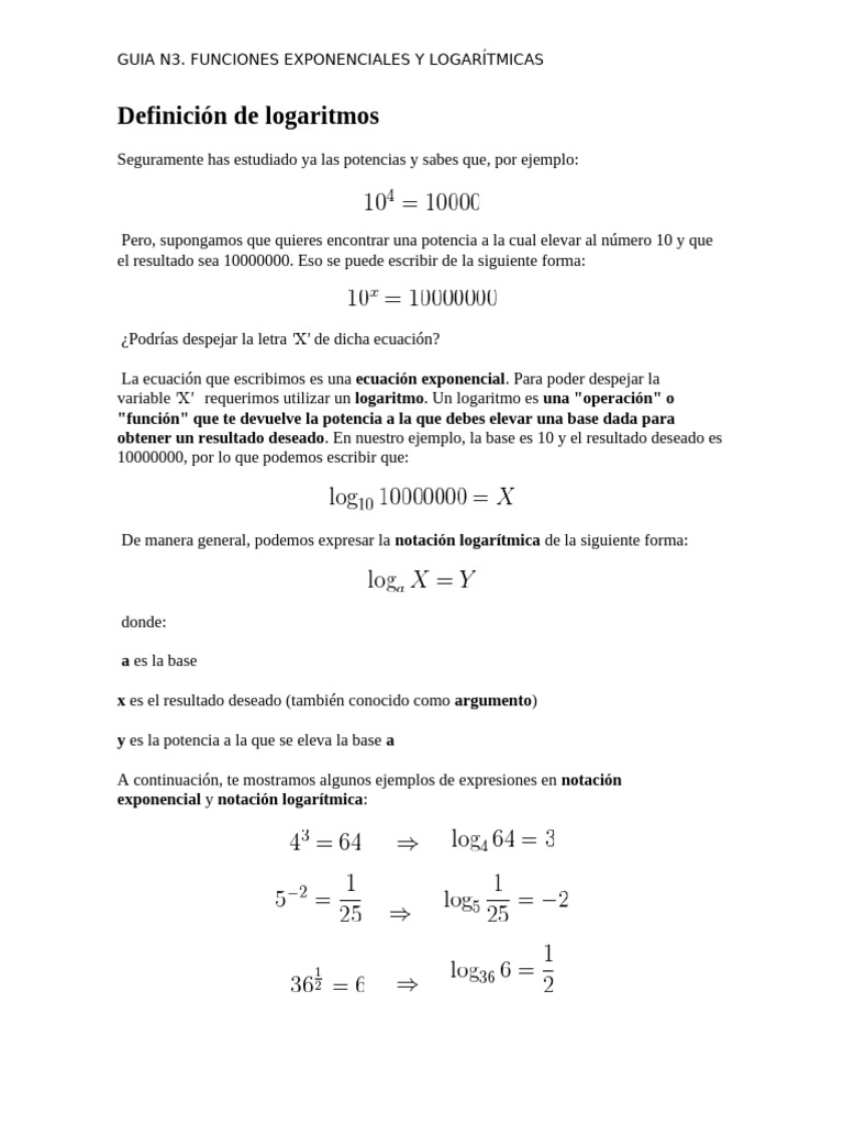 Guia No.3 Funciones Exponenciales Y Log | PDF | Logaritmo | Exponenciación