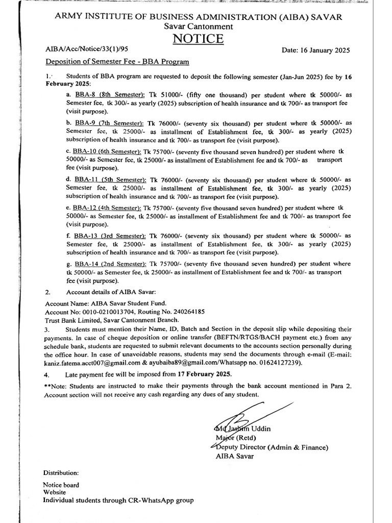 Notice of Semester fee@BBA Program | PDF