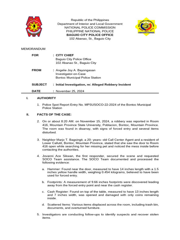 Bontoc Robbery Incident Investigation Report | PDF | Law Enforcement ...