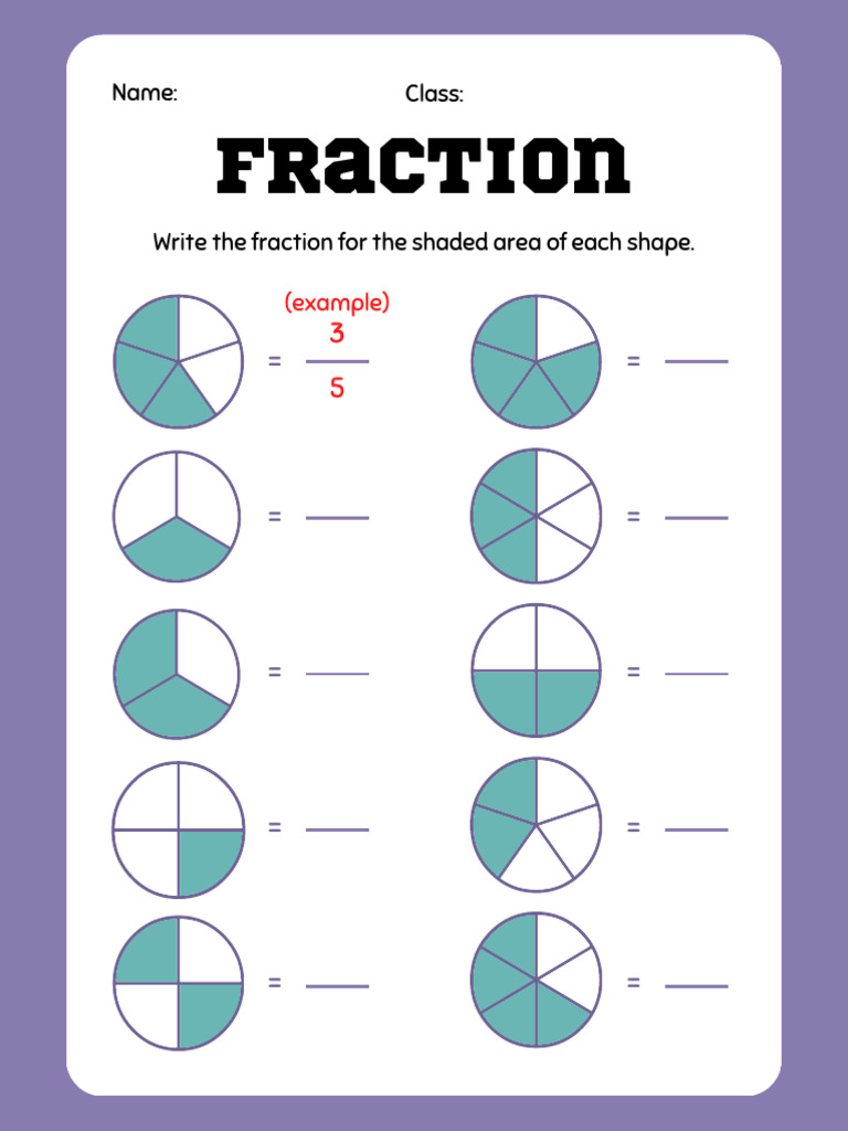 Purple and Green Simple Fraction Illustration Mathematics Worksheet | PDF