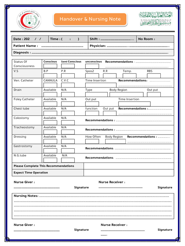 (Handover) Delivery and Receipt Form + Nursing Notes | PDF | Medical ...