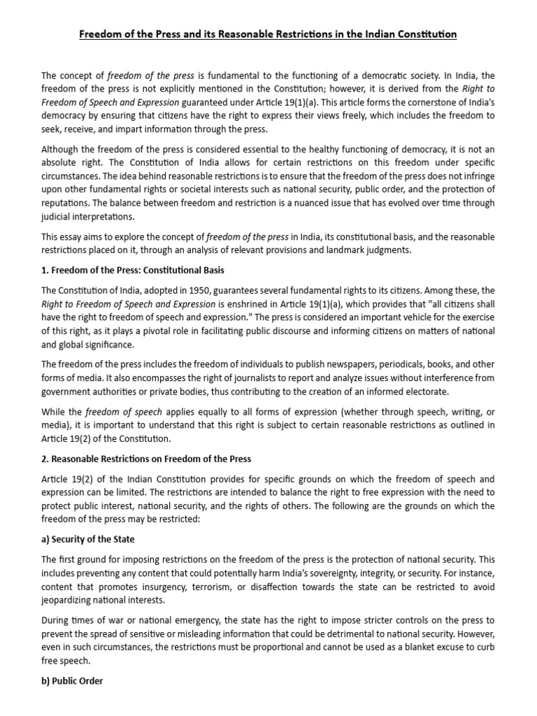 Indian Press Freedom & Restrictions | PDF | Defamation | Freedom Of The ...