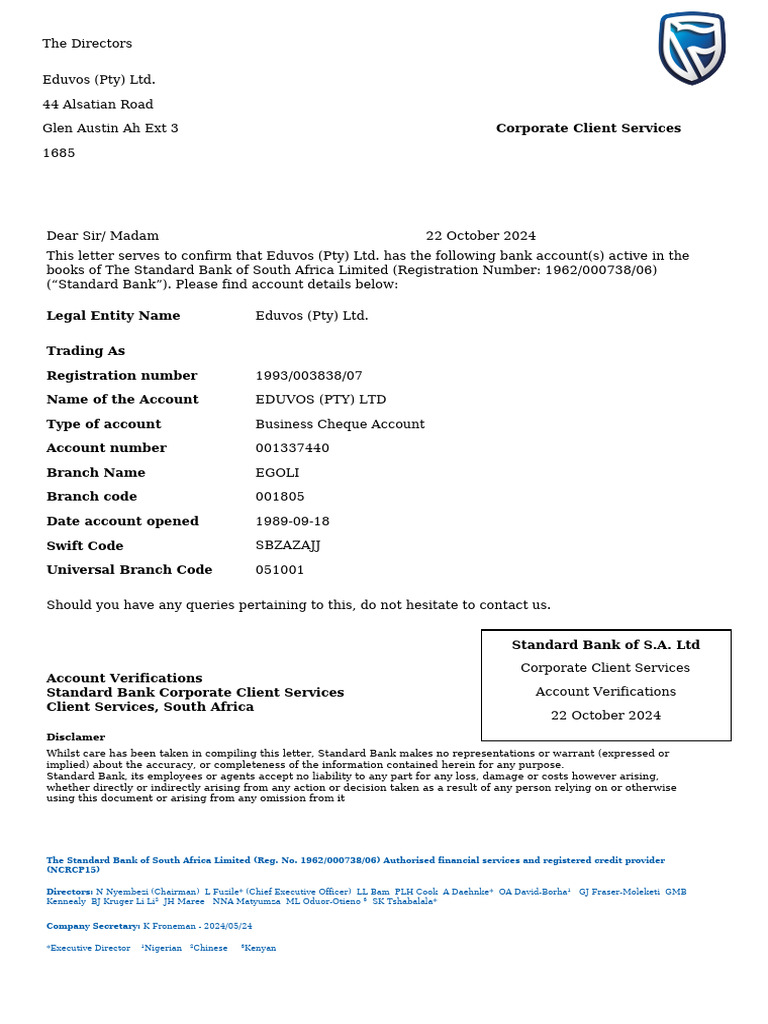 Eduvos Bank Account Confirmation Letter | PDF | Civil Law (Legal System ...
