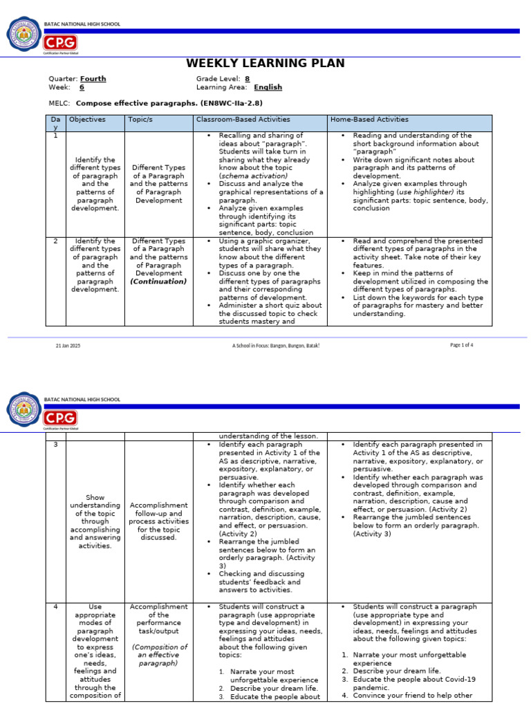 WEEKLY LEARNING PLAN - Grade 8 English | PDF | Cognition | Cognitive ...