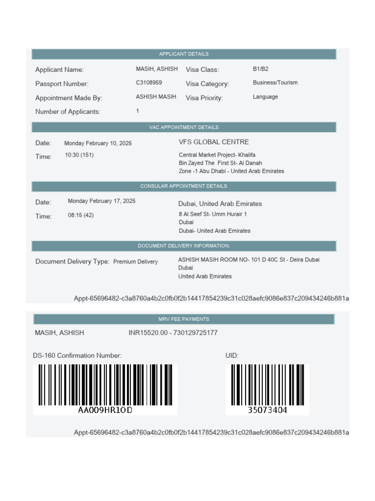 U S Visa Appointment Confirmation Letter | PDF | United Arab Emirates ...