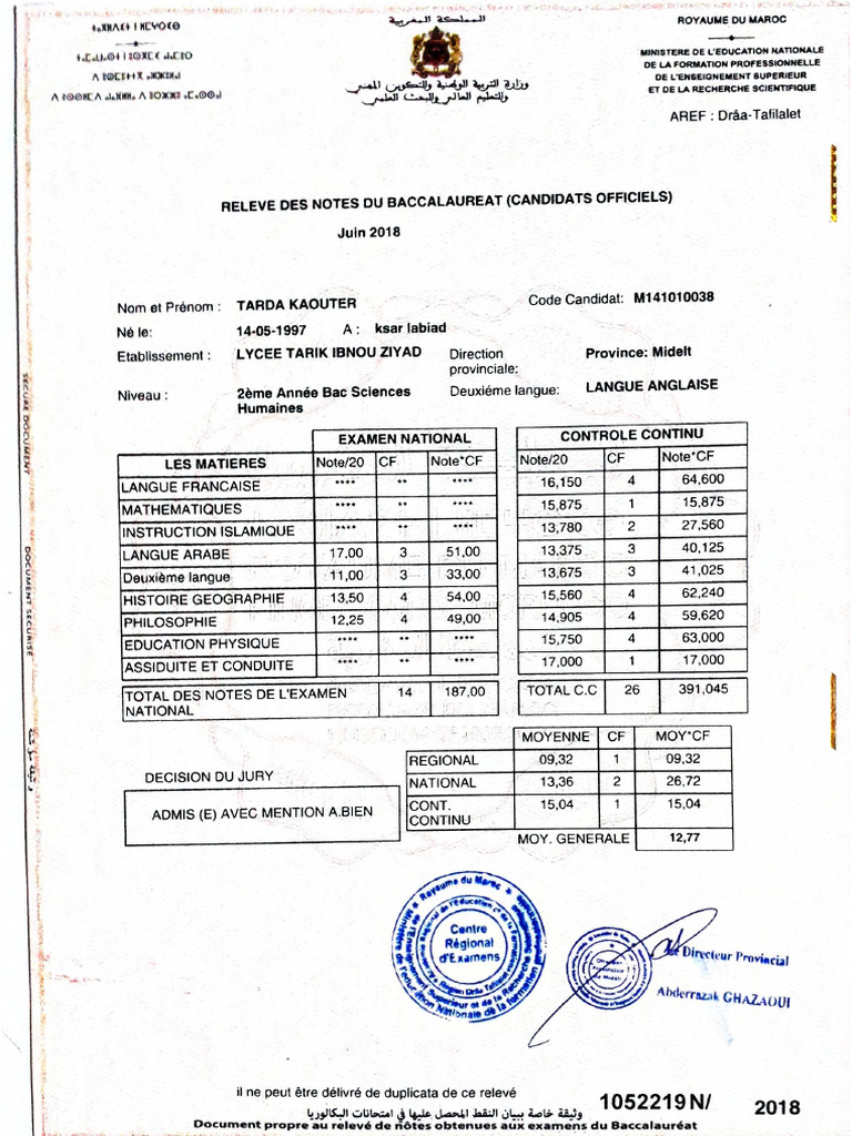 Relevé Des Notes Bac | PDF