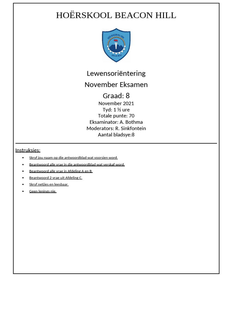 Grade 8 LO Exam Term 2 - 2021 Final | PDF