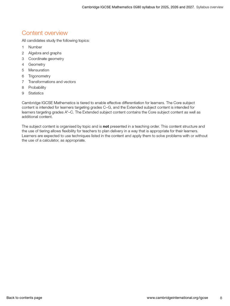 IGCSE Math - 0580 - Subject Contents (2025-2027) | PDF | Numbers ...