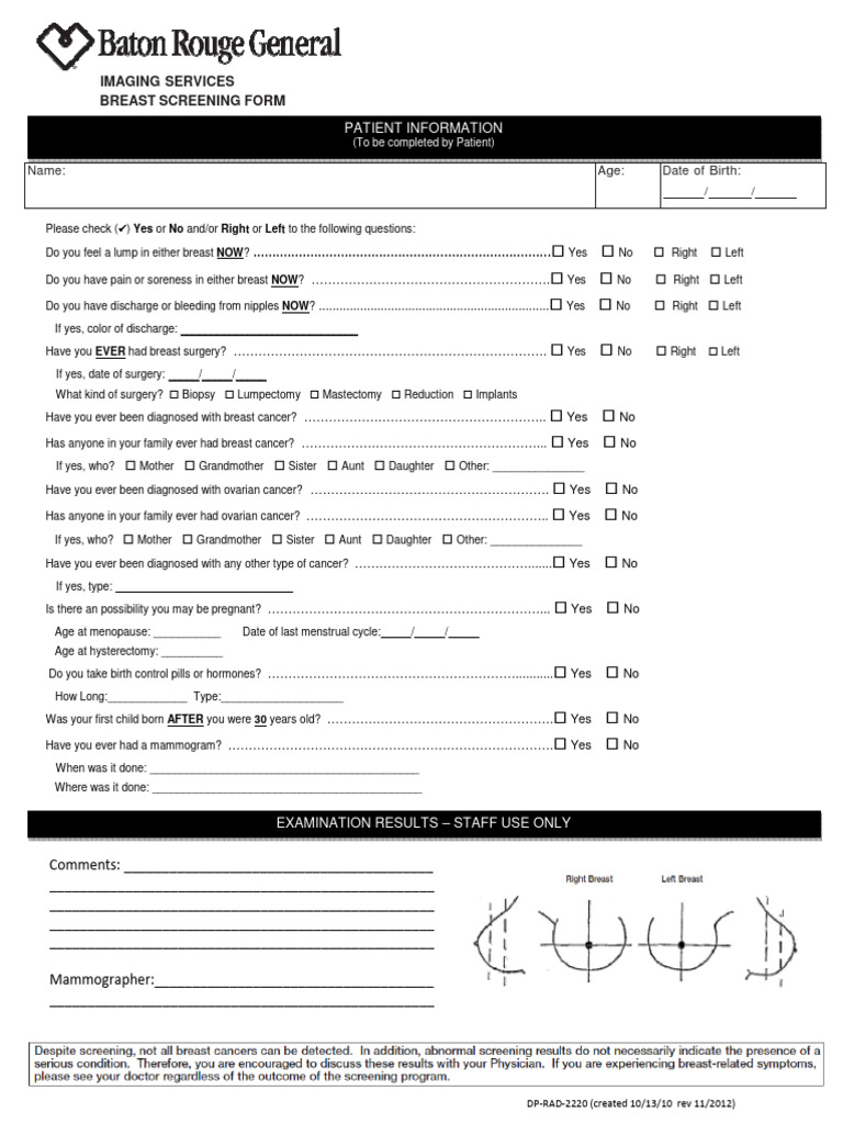 Breast Screening Patient Form | PDF | Breast Cancer | Neoplasms