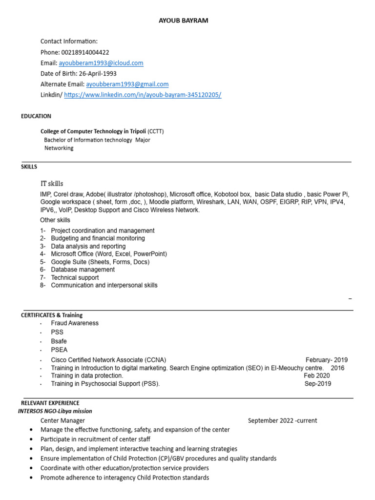 CV Ayoub Beram 2023 July | PDF | Cisco Certifications | Information And Communications Technology