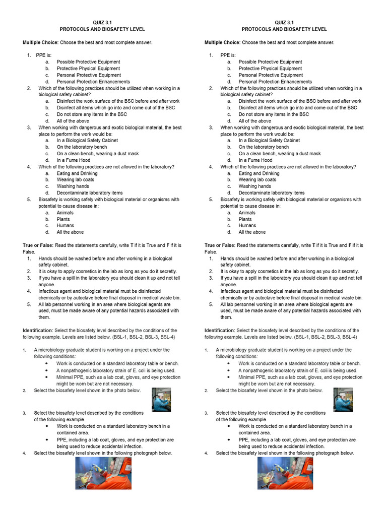 Biosafety Levels and PPE Quiz | PDF | Personal Protective Equipment ...