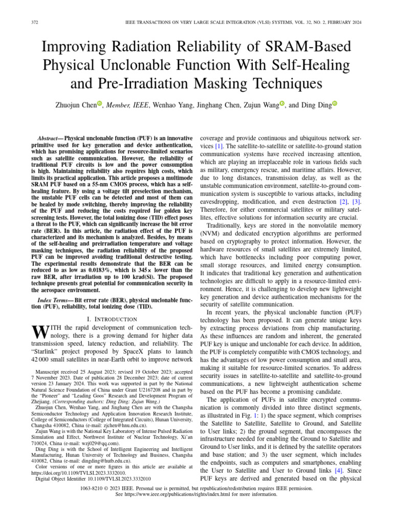 Improving Radiation Reliability of SRAM-Based Physical Unclonable Function With Self-Healing and ...