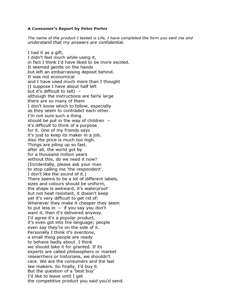 A Consumers Report Peter Porter | PDF