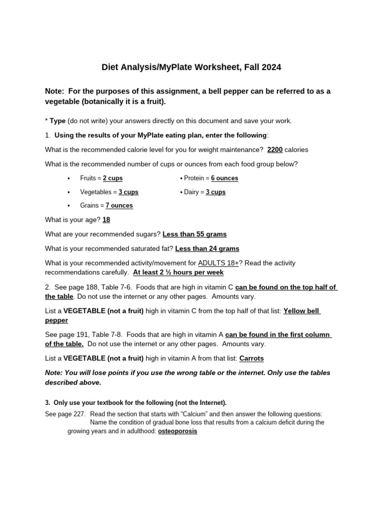Diet Analysis - MyPlate Worksheet, Fall 2024updated2 | PDF | Foods ...