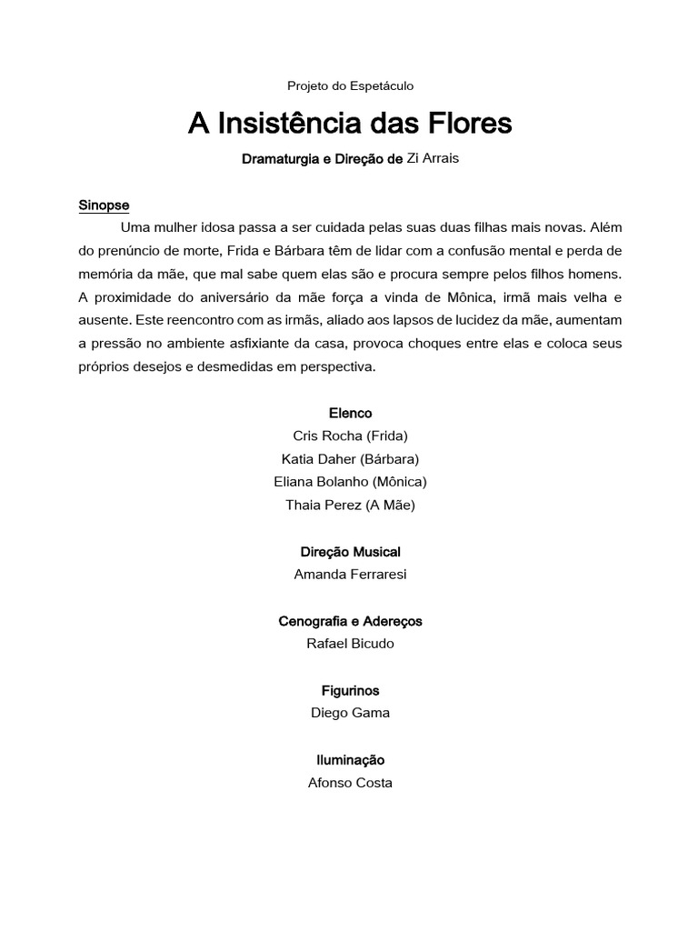 A Insistência das Flores: Drama Familiar | PDF | São Paulo | Teatro