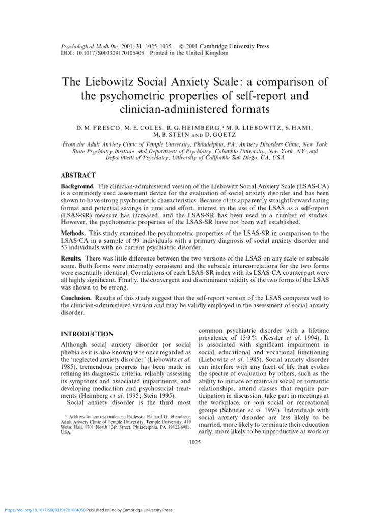 The Liebowitz Social Anxiety Scale A Comparison of The Psychometric ...