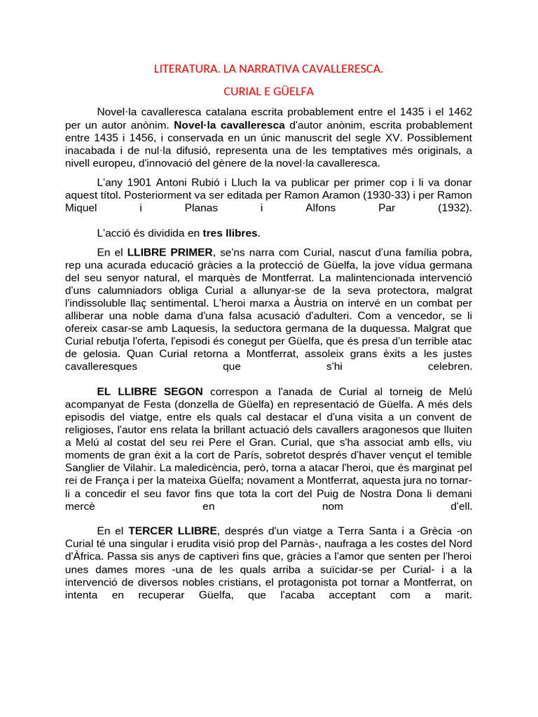 Lite. La Narrativa Cavalleresca. Curial e Güelfa | PDF
