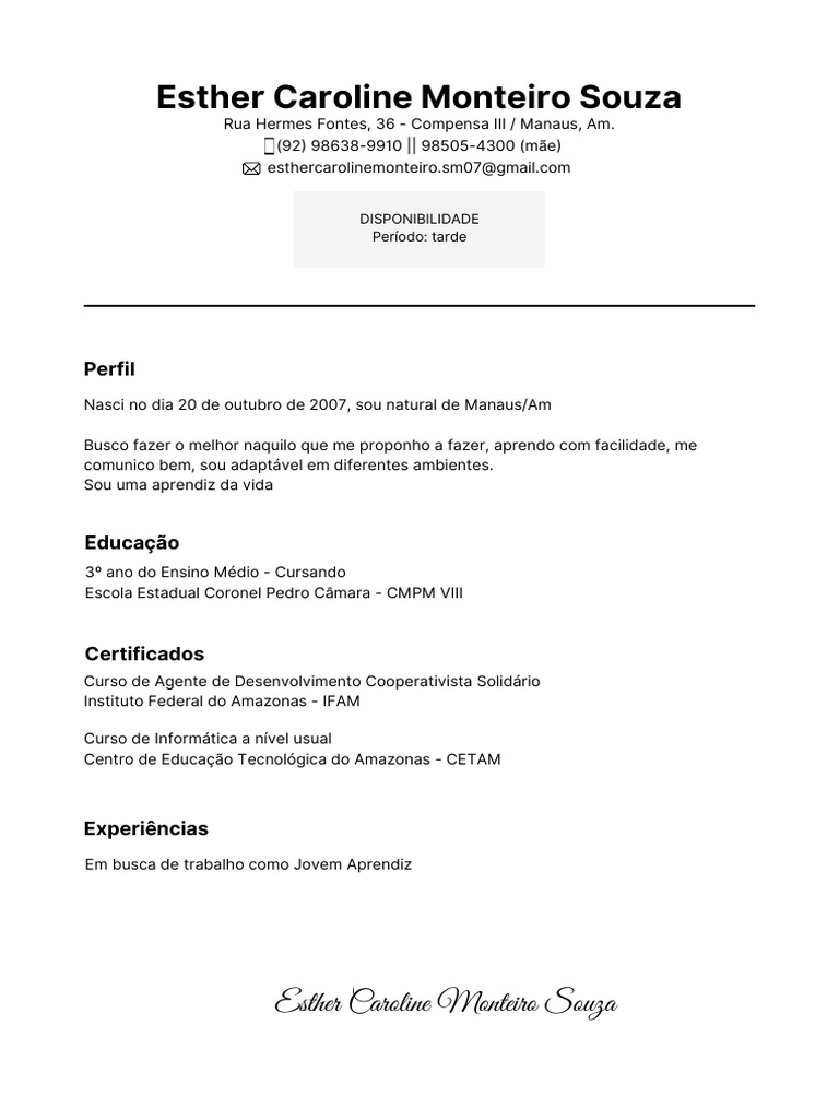 Currículo Esther Caroline (2) | PDF