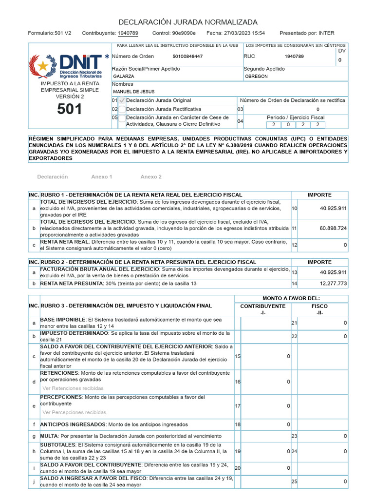 Declaración Jurada IRE 2022 Formulario 501 | PDF | Impuestos | Impuesto ...