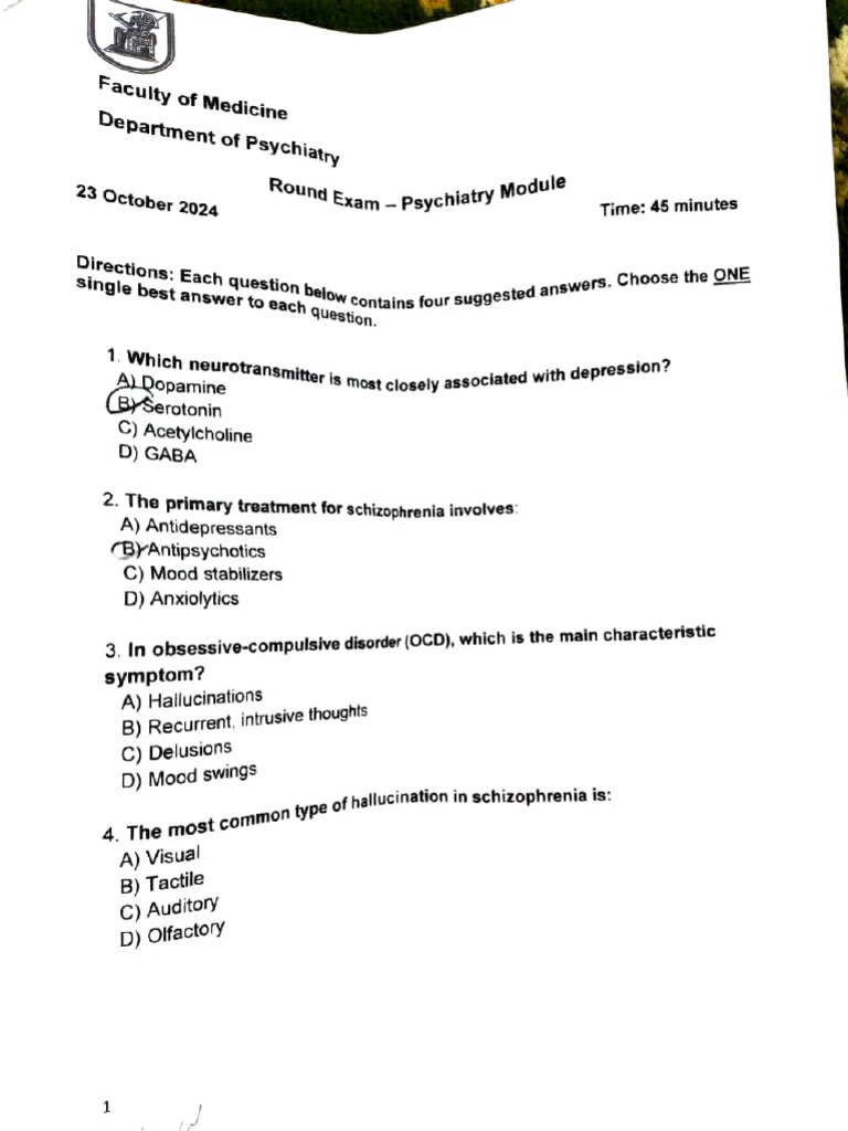 EOM PSY 413 - 2024 1st Round | PDF | Mental Disorder | Schizophrenia
