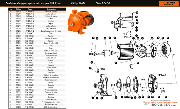Bomba Centrífuga para Agua Modelo Europeo 1 HP Expert Código 10074 Clave BOAC 1 | PDF