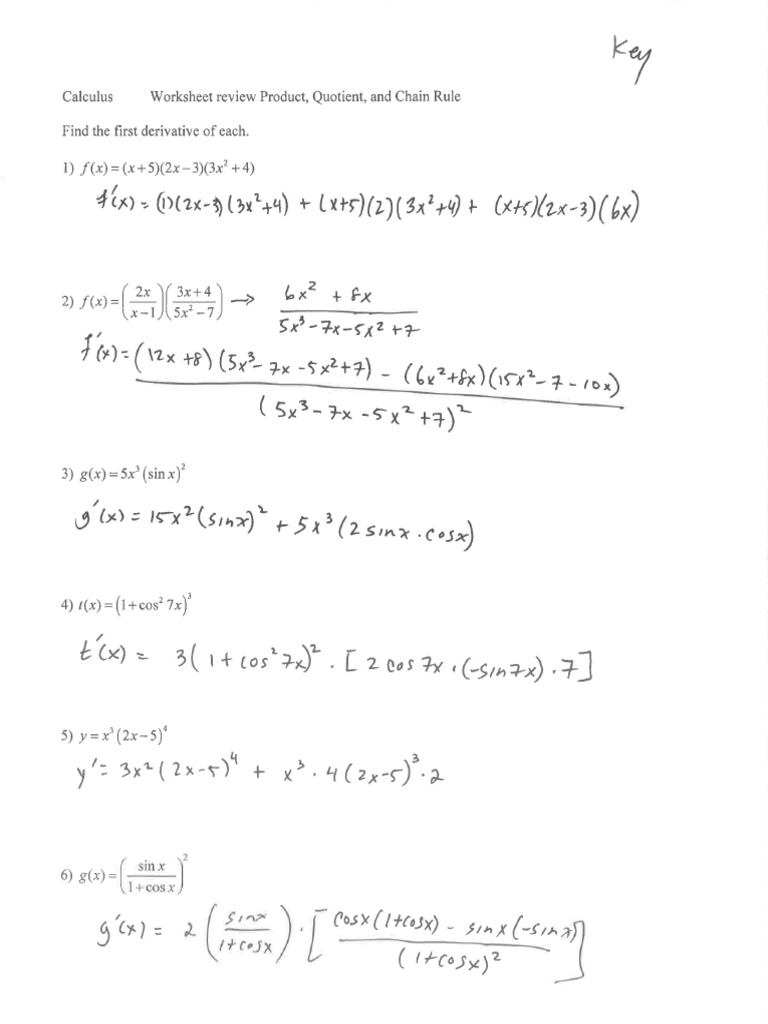 3.7 Product, Quotient, Chain Rule WS Key | PDF