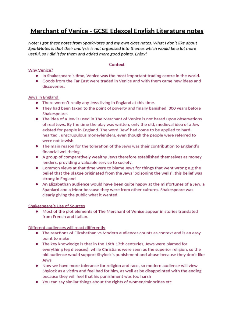 GCSE Notes on Merchant of Venice Themes | PDF | The Merchant Of Venice ...