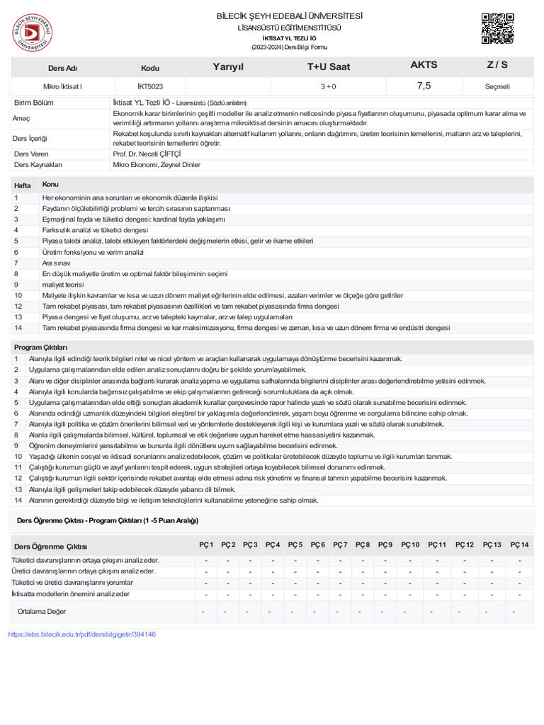 Yarıyıl T+U Saat Akts Z / S: Birim Bölüm İktisat YL Tezli İÖ | PDF
