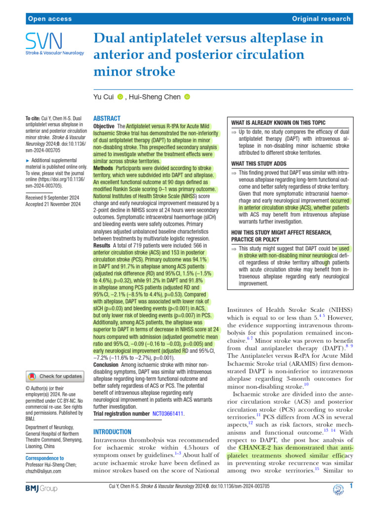 Dapt VS Alteplasa en Infarto Menor | PDF | Stroke | Human Diseases And ...