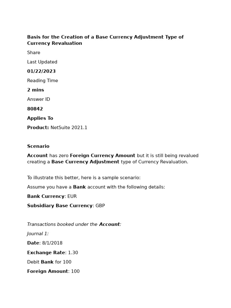 Basis For The Creation of A Base Currency Adjustment Type of Currency ...