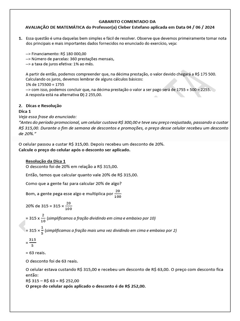 Gabarito Comentado - Matfin | PDF | Juros | Investimentos