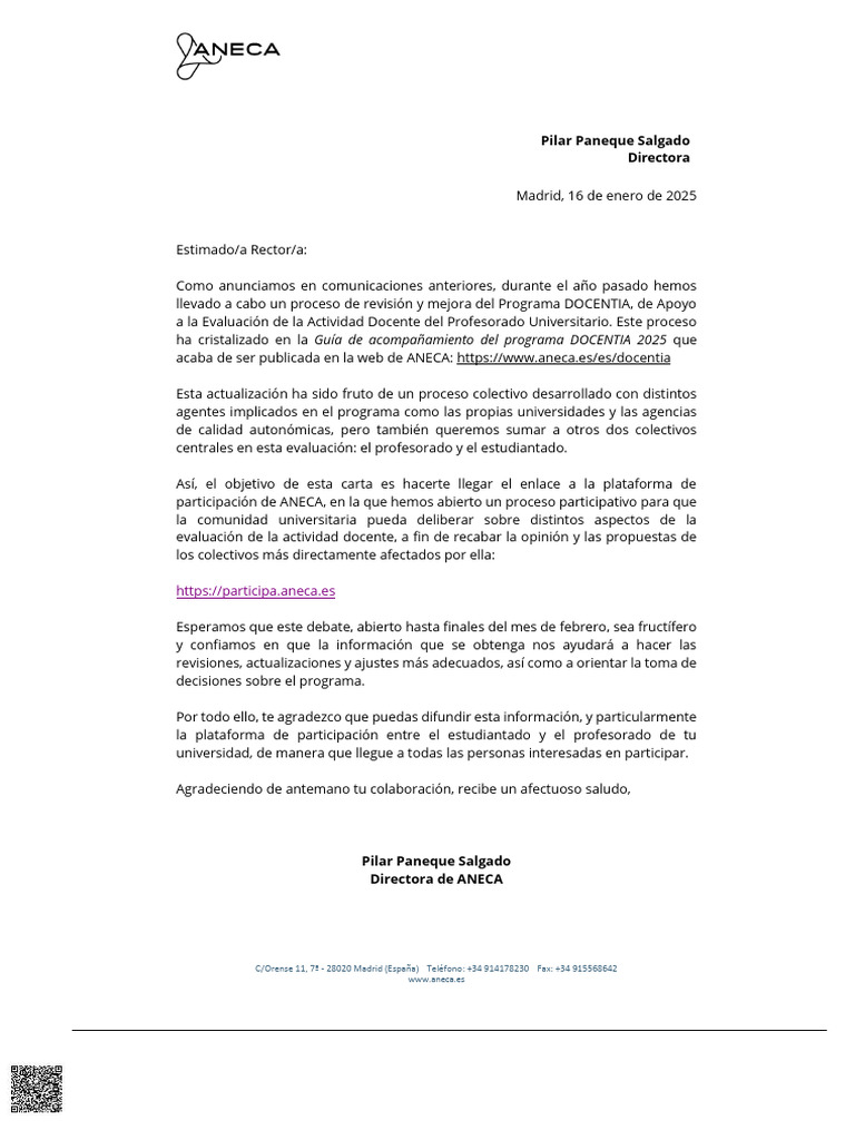 Carta de La Directora - Universidades DOCENTIA - Enero - 2025-1 | PDF ...