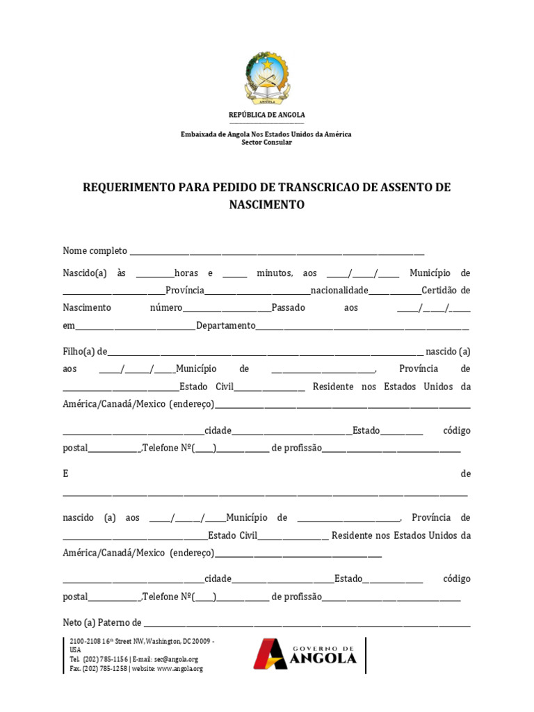 Requerimento para Pedido de Transcricao de Assento de Nascimento | PDF