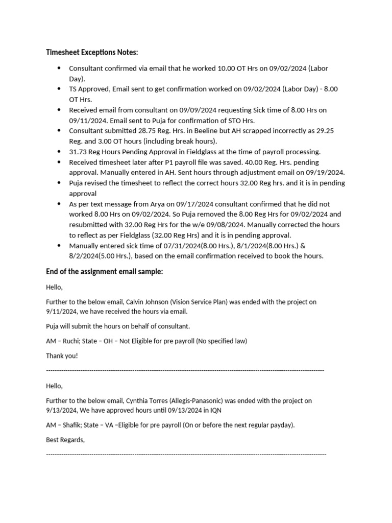 Timesheet Exceptions Notes | PDF | Business | Labor