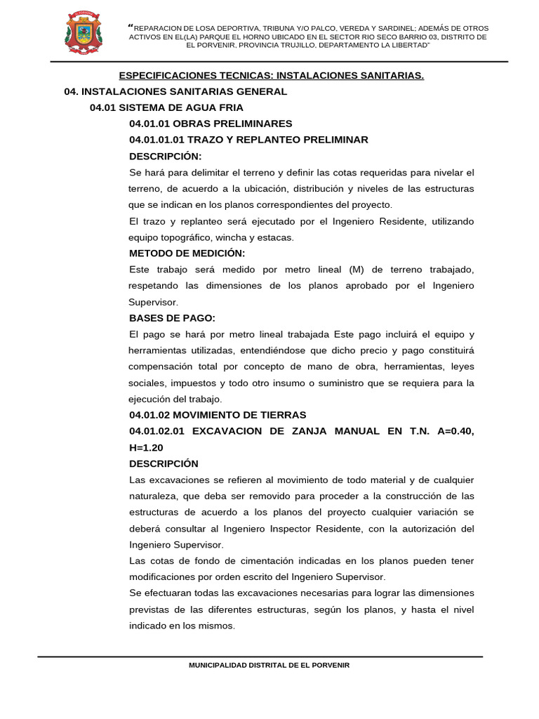 Especificaciones Tecnicas Sanitarias Ok | PDF | Presupuesto | Hormigón