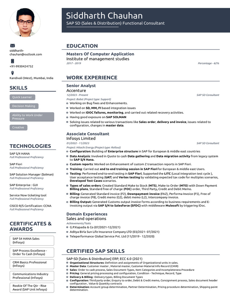 Siddharth SAP SD 2 Years Resume-1 | PDF | Invoice | Computing