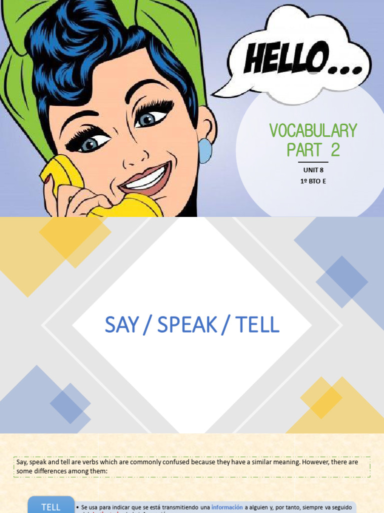 Vocabulary Guide: Say, Speak, Tell Usage | PDF | Verb | Language Mechanics