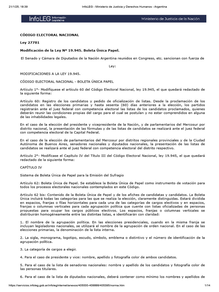 Ley 27.781 | PDF | Votación | Legislador