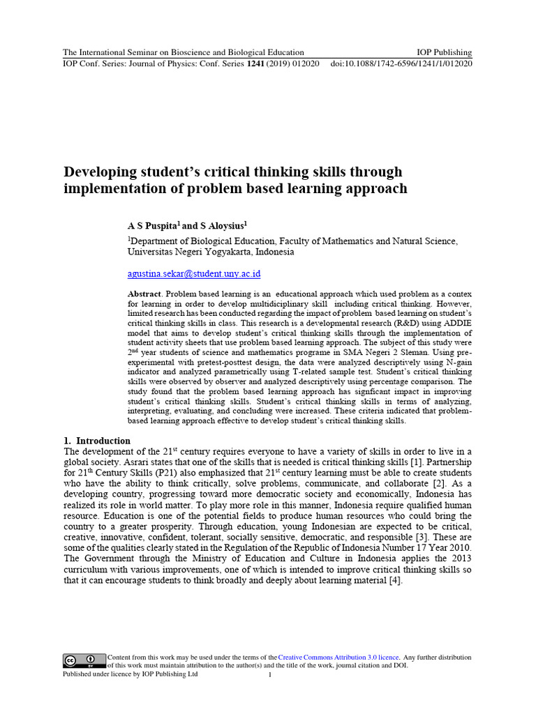 Developing student’s critical thinking skills through implementation of problem based learning ...