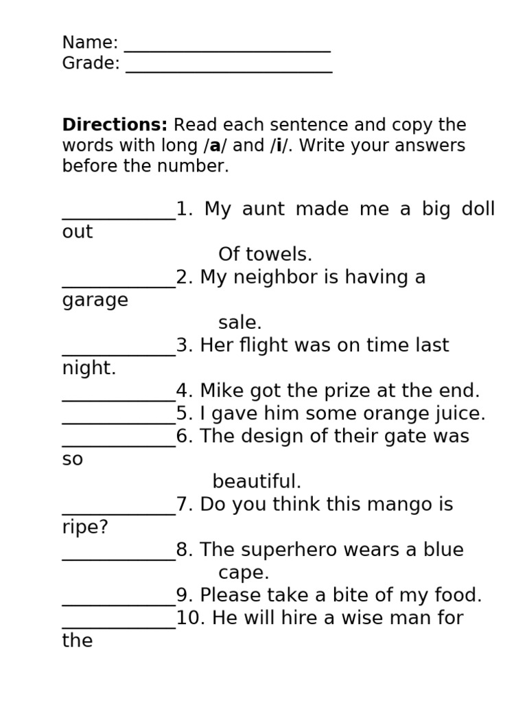 Long Vowel Sound Identification Worksheet | PDF